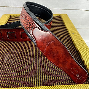 Walker & Williams GB-106 Bourbon Red Brushed Finish Guitar Strap With Padded Glove Leather Back And Classic Live Oak Pattern For Acoustic, Electric, And Bass Guitars