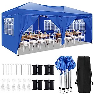Rovibek 10x20 Pop Up Canopy with Sidewalls Tents for Parties Outdoor Backyard Party Tent Carport Canopy, with Sandbags, Storage Bag, Blue