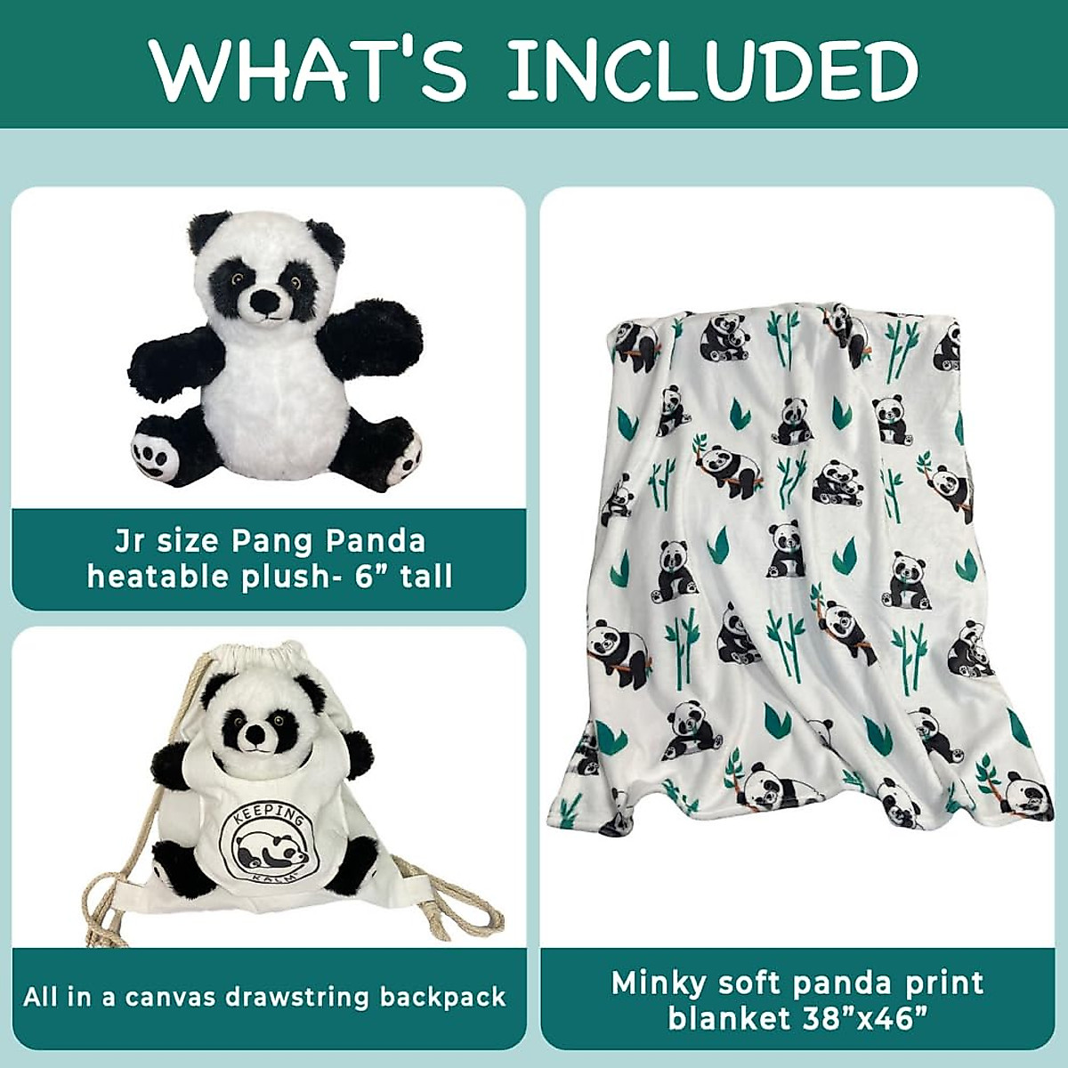 Panda Gifts, Microwavable Stuffed Animal (Jr Size), Panda Toys, Panda Blanket, Drawstring Bookbag for Kids, Heatable Plush Animals, Panda Baby Stuff, Stuffed Animal Blanket Set