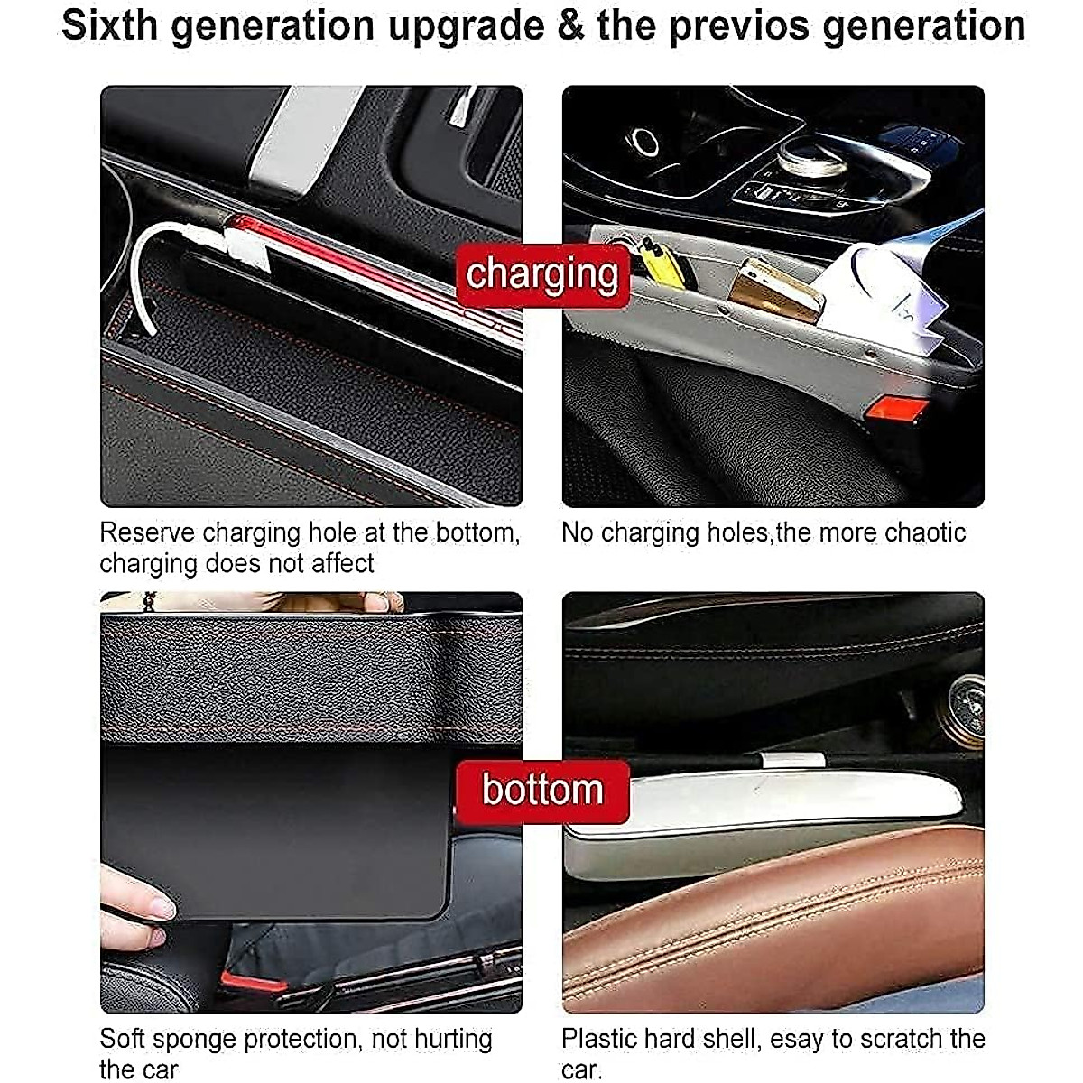 Car Seat Gap Filler, 2 Pack Multifunctional Car Seat Organizer with Cup Holder, Car Console Side Organizer for Cellphones, Wallets, Keys, Coin, Cards, Sunglasses, Passenger Side & Driver Side - Black