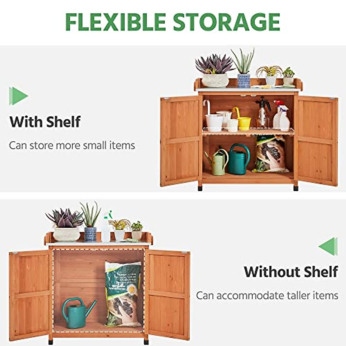 Yaheetech Garden Potting Bench Table - Outdoor Garden Patio Wooden Storage Cabinet & Solid Wood Planting Work Bench with Large Space Storage & Metal-Plated Tabletop, Brown