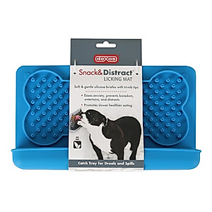 Dexas Snack & Distract Licking Mat with Catch Tray for Dogs and Cats-9.5"x 5.5", Pro Blue. Sticks to Most Slick or Smooth Surfaces. Eases Anxiety, Prevents Boredom, Entertains and Distracts.