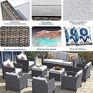 HOOOWOOO Patio Outdoor Conversation Set 9 Pieces Outside Patio Furniture Set Wicker Rattan Patio Seating Set Weather Resistant Patio Chairs Set,Denim Blue