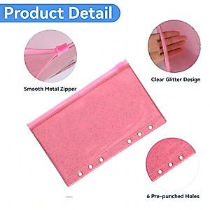 15Pcs Glitter A6 Binder Pockets PVC Pocket Notebook Binder Clear Binder Folders, Colorful Holes Binder Zipper Folders Waterproof PVC Pouch Folders for Document Receipt Picture