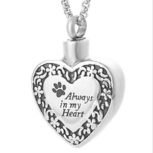 VEKETE Always In My Heart Pet Cremation Jewelry Dog Cat Paw Footprint Memorial Keepsake Urn Necklace For Ashes Stainless Steel Pendant