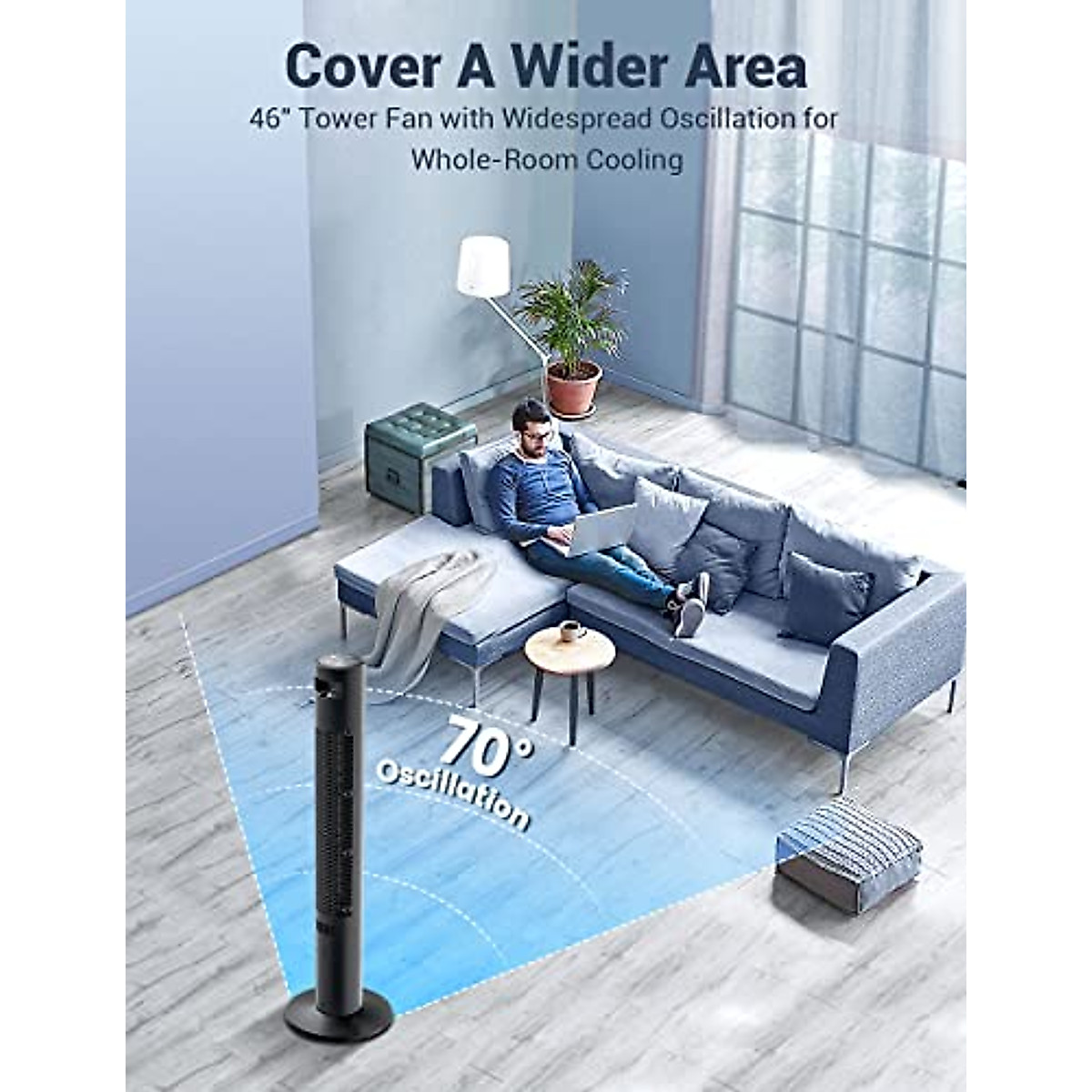 Tower Fan, 46" Oscillating Powerful Bladeless Floor Fan with remote, Quiet Cooling Fan with 4 Speeds and Modes, Built-in 12H Timer LED Display, Portable Stand Fan for Home Bedroom and office Use