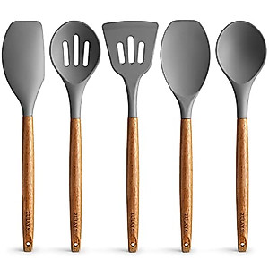 Zulay Kitchen Utensils Set - Non-Stick Silicone Cooking Utensils Set with Authentic Acacia Wood Handles - 5 Piece Silicone Utensil Set - Silicone Kitchen Utensils Set (Gray)