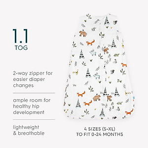 Little Unicorn 6-12 Month Premium Muslin Sleep Sack 1.1 TOG | Soft & Breathable Muslin Cotton for safer sleep | 2 way zipper (Forest Friends)