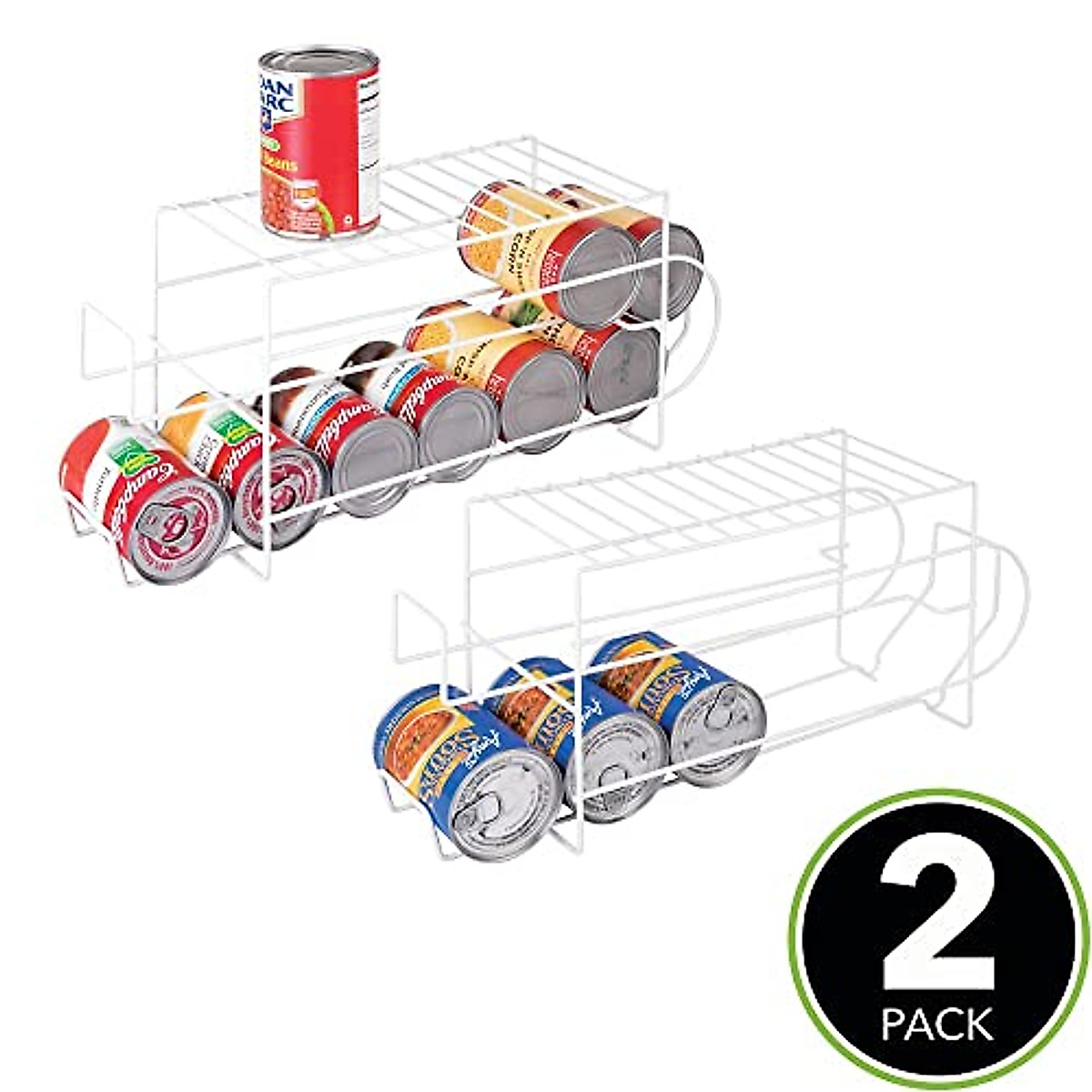 mDesign 2-Tier Metal Wire Standing Pop/Soda and Food Can Dispenser Storage Rack Organizer with Top Shelf for Kitchen Pantry, Countertop, Cabinet - Holds 12 Cans - 2 Pack - White