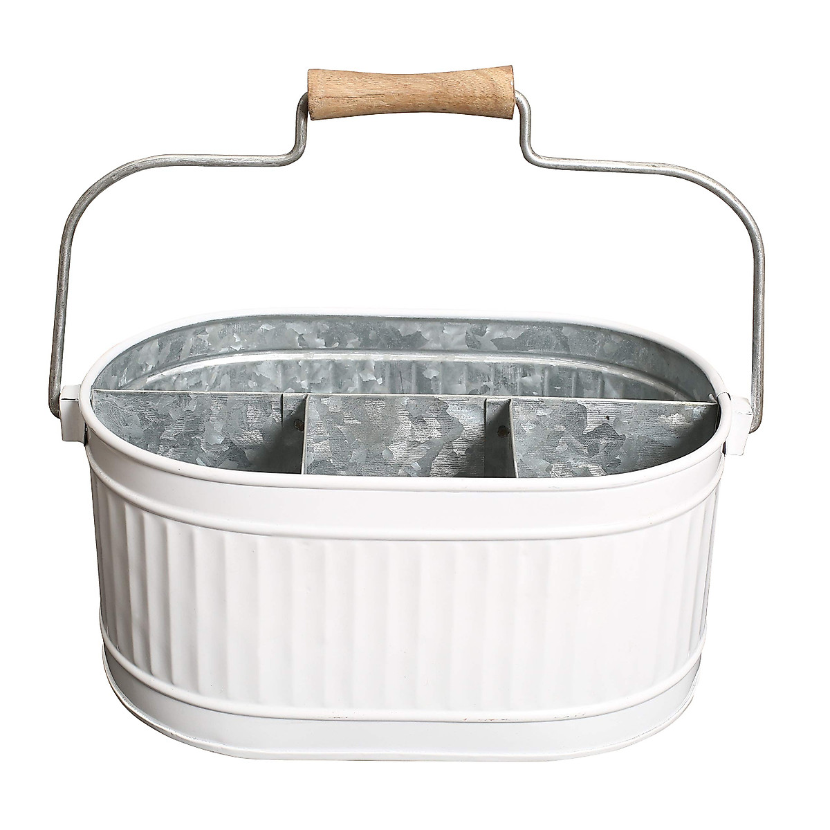 Utensil Caddy Carry-All Serveware - Galvanized Metal Organizer for Kitchen Counter - Comfortable Wooden Handle Indoor/Outdoor Storage For Flatware, Condiments, Party Cutlery, Arts - Gray/White