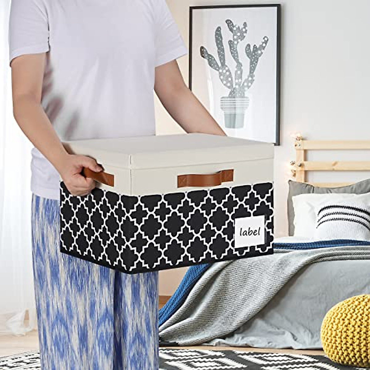 PFFVRP Large Storage Bins with Lids, Foldable Fabric Storage Baskets with Lids, Sturdy Storage Boxes with Labels and 3 PU Handles for Closet Home Bedroom Office (26L, 3 Packs, Black Plaid&White)