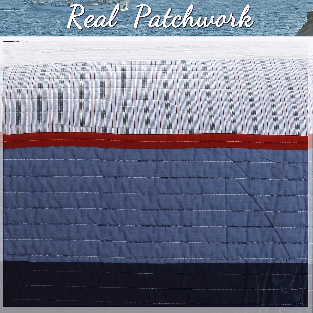 Cozy Line Home Fashions Navy Blue Red Striped Boy 100% Cotton Reversible Quilt Bedding Set, Coverlet, Bedspread (Harlan, Queen - 3 Piece)