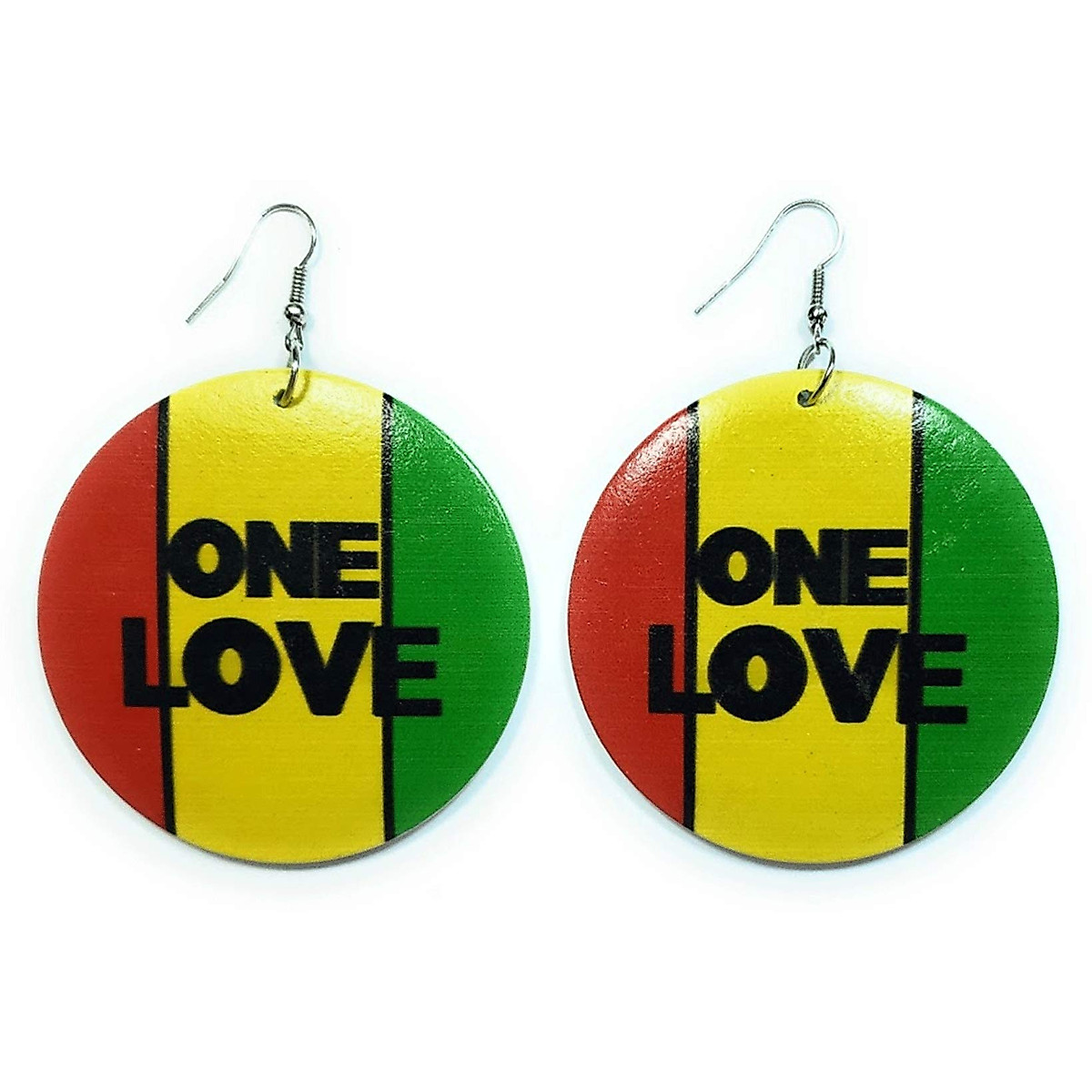 Rasta Red Yellow Green Africa One Love Circle Wood Wooden Light Weight Black African American Fashion Earrings