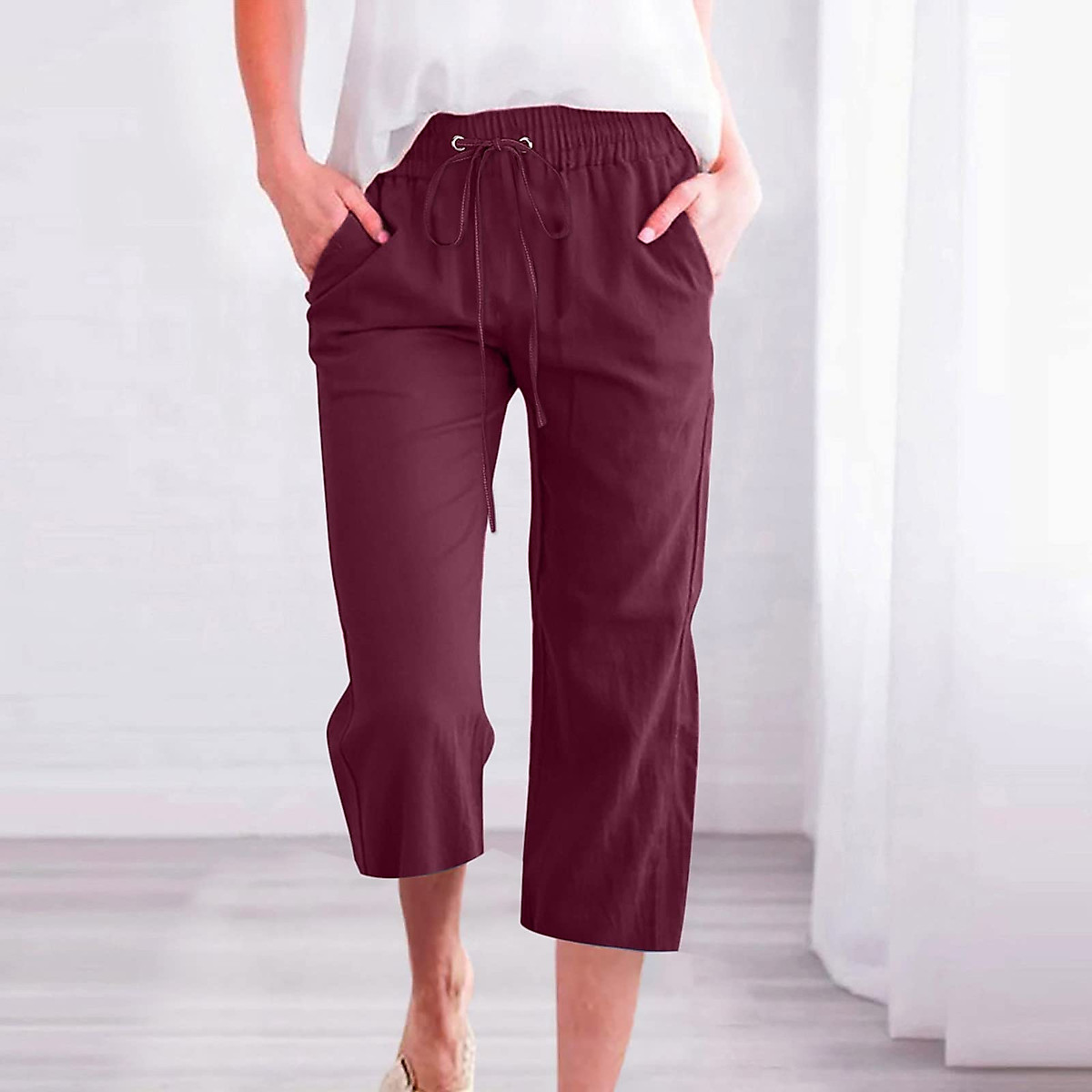 SMIDOW Beach Pants for Women Women Solid Cotton Linen Capri Pants Drawstring Elastic Waist Cropped Pants with Pockets Summer Casual Comfy Wine XL