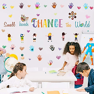 HATARU Colorful Inspirational Saying Wall Decals,Motivational Quotes Wall Stickers,Small Hands Wall Decals Nursery Decor,Change The World Handprints Wall Decals for Kids Room Classroom Decor