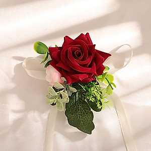 Kercisbeauty 2pcs Red Rose Corsage Set for Wedding Bridesmaid Flower Wristlet Band for Homecoming Prom Girls (Red)
