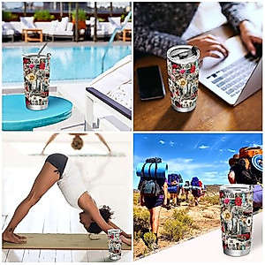 Retro Collage Style Unique Stainless Steel mugs for hot and cold with Straw Leak Resistant Flip coffee travel mug 20oz for Water, Iced Tea or Coffee Aesthetic travel coffee tumbler 20 OZ