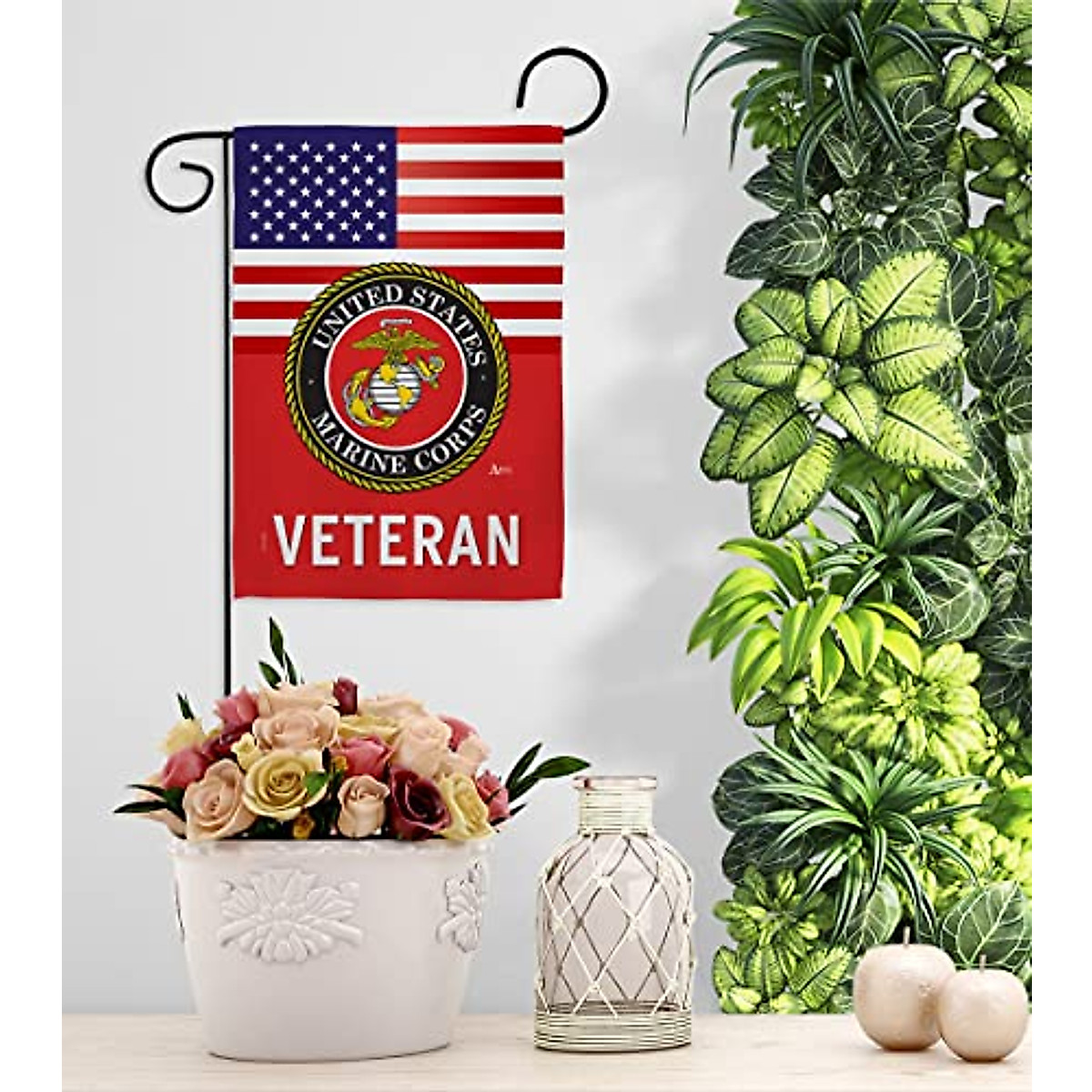 US Marine Corps Veteran Garden Flag - Set with Stand Armed Forces USMC Semper Fi United State American Military Retire Official - House Banner Small Yard Gift Double-Sided Made in USA 13 X 18.5