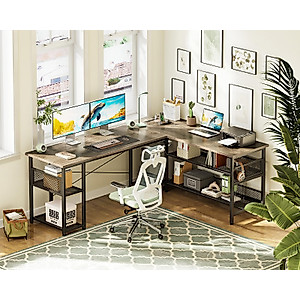ODK 66" L Shaped Desk with Power Outlet and USB Charging Ports, Reversible L Shaped Computer Desk with Storage Shelves, Home Office Desk, Gaming Desk, Corner Desk, Grey Oak