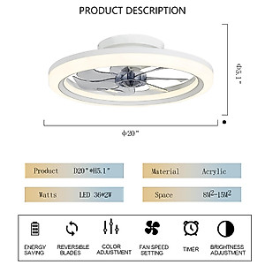 OUREDEEY 20" Modern Ceiling Fan with Light, 6 Speeds & Dimmable, White Flush Mount for Home