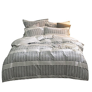Merryfeel Cotton Duvet Cover Set King Size,100% Cotton Yarn Dyed Textured Striped Duvet Cover and Pillowshams Grey Color,3 Pieces Bedding Set