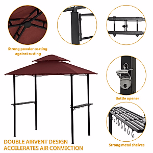 8' x 5' Grill Gazebo Shelter, Outdoor BBQ Gazebo with Double Tier Soft Top, Grill Canopy Tent with Hook and Shelves for Patio Backyard, Steel Frame, Burgundy