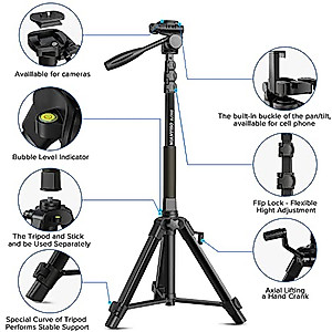 Camera Tripod 69 Inch, Patented 3-Way Swivel Portable Phone Tripod Professional Aluminum Alloy Travel Phone Camera Stand Monopod for Canon Nikon GoPro DSLR, DV Video Camcorder, Smartphone