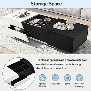 Merax Coffee Table for Living Room, Extendable Coffee Table with Sliding Top & Hidden Storage Compartment, Modern Cocktail Table Center Table for Office (White & Black)