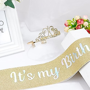 BAHABY Birthday Crown for Women It's My Birthday Sash & Rhinestone Tiara Set Birthday Sash and Tiara for Women Rhinestone Headband for Girl Glitter Crystal Hair Accessories for Party- Gold