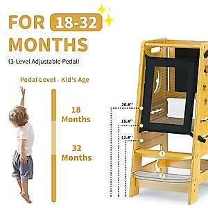 TOETOL Kids Kitchen Step Stool with Keeper Bamboo Toddler Child Standing Tower Helper Adjustable Height with Black and White Activity Board