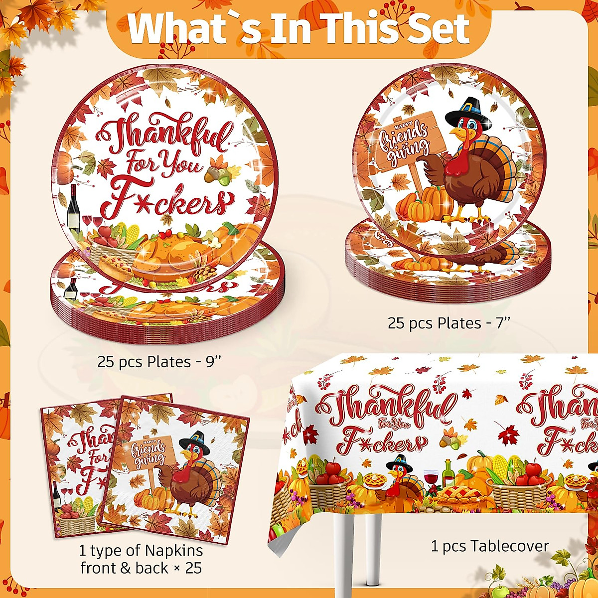 Thanksgiving Paper Plates and Napkins, Friendsgiving Party Decorations Plates Napkins Tablecloth Serving 25 Guests Thankful for You Funny Thanksgiving Friendsgiving Party Supplies Table Decorations