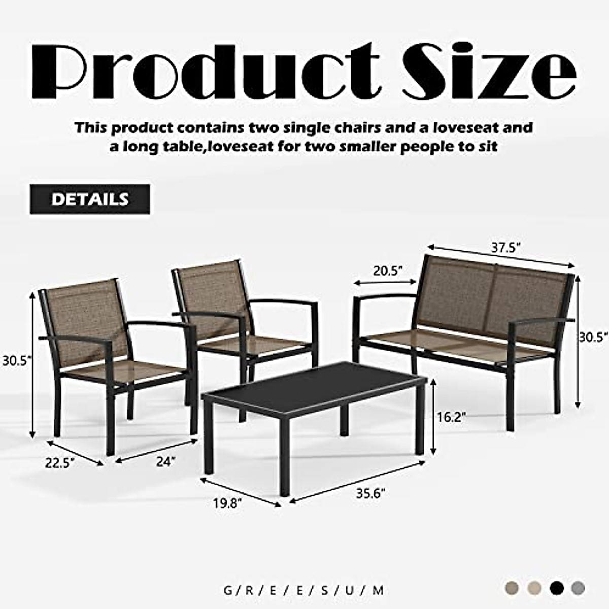 Greesum 4 Pieces Patio Furniture Set, Outdoor Conversation Sets for Patio, Lawn, Garden, Poolside with A Glass Coffee Table, Brown