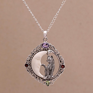 NOVICA Artisan Handmade Multigemstone Pendant Necklace 925 Sterling Silver Garnet Cat Amethyst Peridot Green Multicolor Purple Red Indonesia Sun Moon Birthstone [20 in L 3 mm W Pendant(s) 2.2 in L x ]