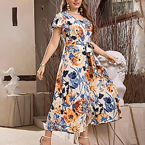 Casual Dresses for Women Plus Size Women's Plus Size Spring and Summer Round Neck Floral Print Decoration Ruffled Short