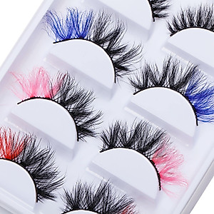 gootrades 2023 5 Pairs Colored False Eyelashes Pack, 3D Fluffy Faux Mink Color Eye Lashes Strip Wipsy Multicolored Two-Toned Fake Lashes for Daily Christmas Cosplay, Red/Pink/Blue/Green/Purple Lashes on the End