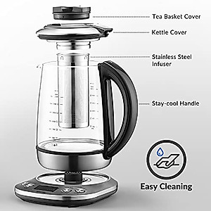 Mecity Electric Tea Kettle With Tea Infuser and Temperature Control Glass Tea Maker LCD Display Preset Brewing Programs For Tea Water Boiler 1.7L