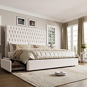 King Size Bed Frame 55" Tall Headboard with Gorgeous Button Tufted and Nail, Velvet Fabric Upholstered Bed Frame includes 4 Under-bed Storage Drawers, Wooden Slats, Noise-Free, Easy Assembly, Beige