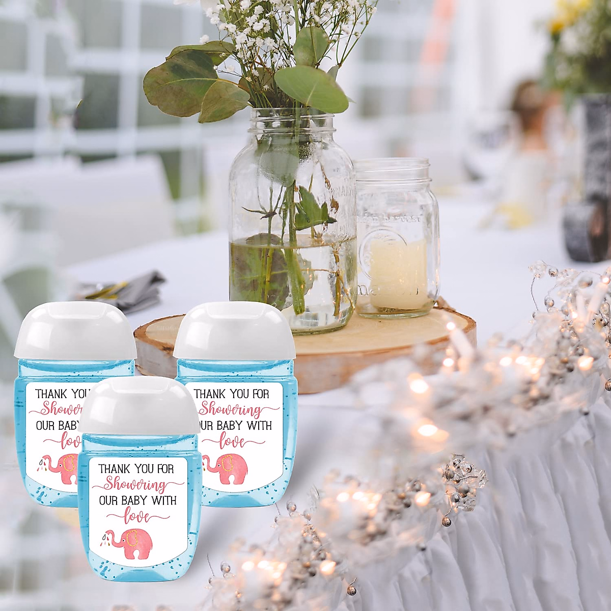 Hand Sanitizer Labels Thank You for Showering Our Little One with Love Stickers, Baby Shower Favor Party Favors Girls., Blue,1.26inches x 1.39inches