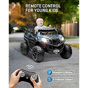 ANPABO 24V 4WD Ride on Car Truck w/Remote Control, 2WD/4WD Switchable Kids UTV, 4 Shock Absorbers, 19" Spacious Seat, Soft Start, Music Player, Electric Car for Kids Ages 3+ -Blue…