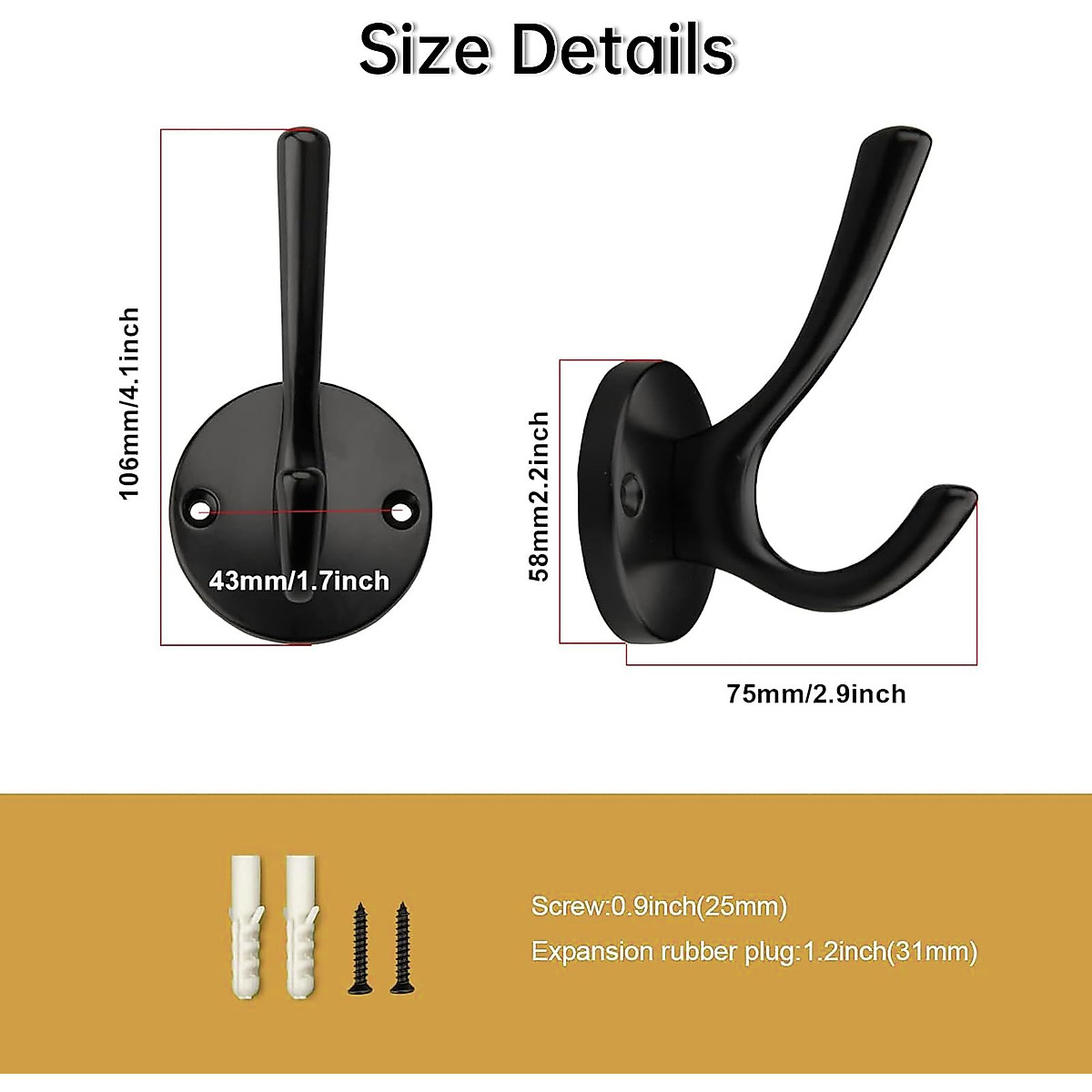 NETLKLA 4 Packs Black Coat Hooks, Robe Hook, Decorative Towel Hooks, Double Prong Hooks, Metal Closet Hooks, Wall Hooks for Hanging Towel Hooks for Bathrooms, Kitchen