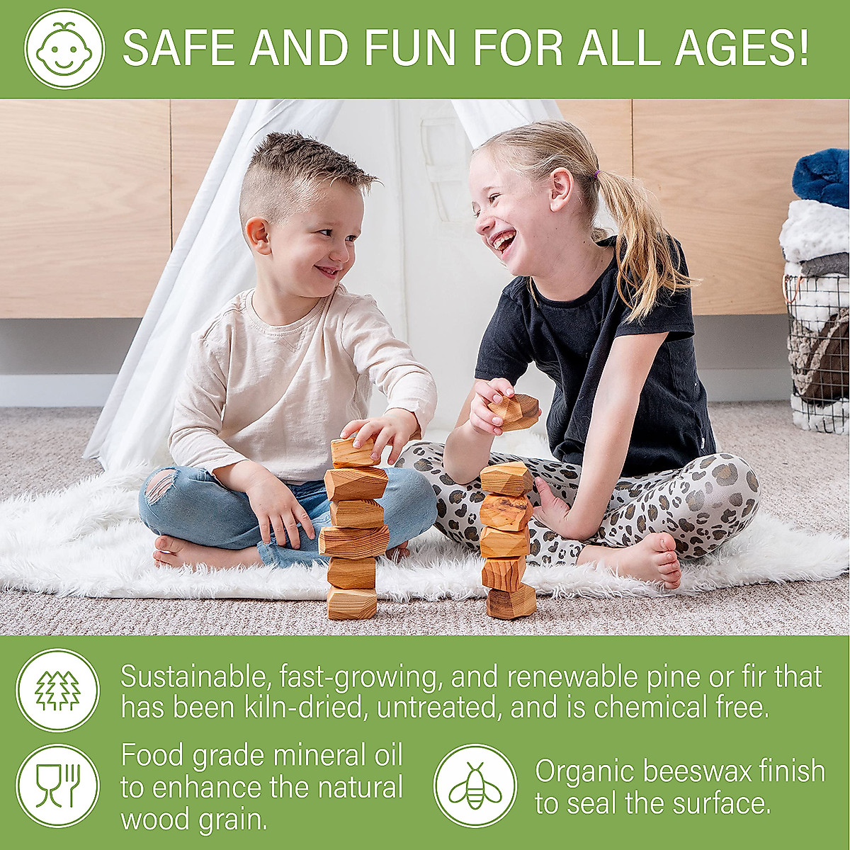 PERCHED Natural Pine Stacking Rocks, Large Wooden Blocks, Montessori Puzzle Game, Toddler Toys For Classroom, Wood Balancing Stones Set (12 Pc)