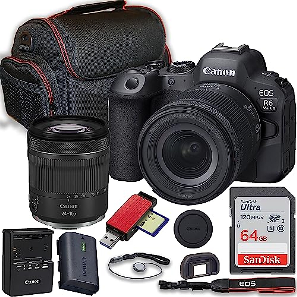 Canon EOS R6 Mark II Mirrorless Camera with Canon RF 24-105mm f/4-7.1 is STM Lens + 64GB Memory Card + Accessories Including: Case, Card Reader & More (Renewed)