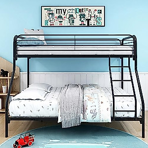 Anwickhomk Metal Bunk Bed Twin Over Full Size,Heavy Duty Floor Bunk Beds Frame with Enhanced Upper-Level Guardrail and Ladder for Boys Girls Adults Dormitory Bedroom,No Box Spring Needed,Black