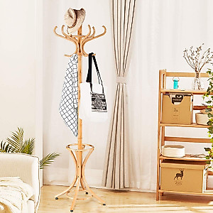 Tangkula 75.5" Standing Coat Rack, Wood Coat Tree with 12 Hooks, Home Hat Jacket Hanger Tree 12 with Umbrella Holder Coat Stand (Oak)