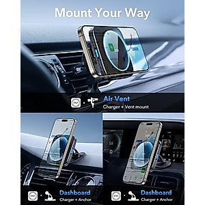 ESR for MagSafe Car Mount Charger, 15W Magnetic Wireless Car Charger, for MagSafe Car Charger, Air Vent Phone Holder for iPhone 16/15/14/13/12, Galaxy S25/S25 Ultra, with 36W QC 3.0 Fast Car Charger