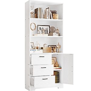 IRONCK Bookshelf with Door and 3 Drawers, 71in Tall Bookcase Shelf with 3-Tier Shelves, for Bedroom Living Room Entrance Hallway Home Office