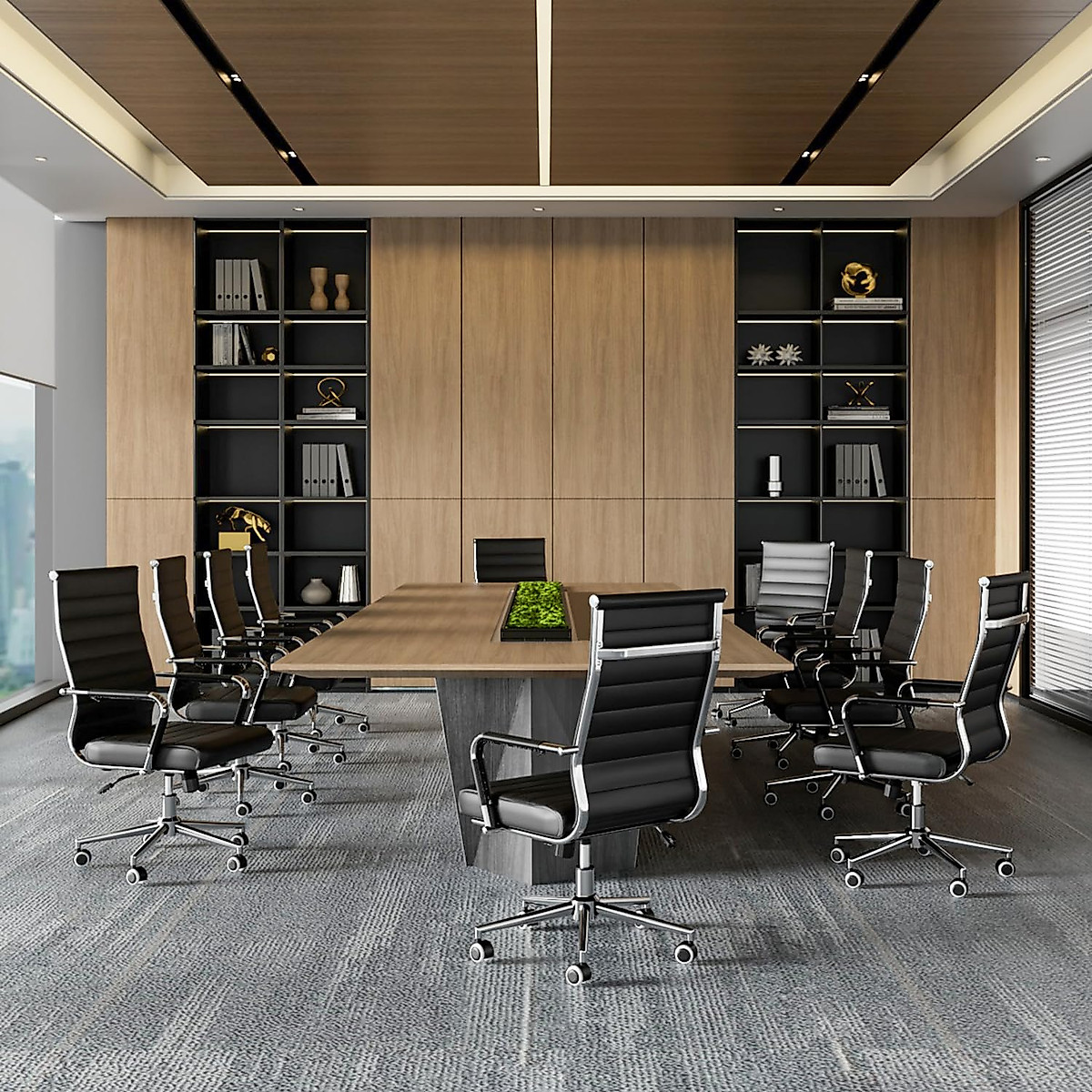 Okeysen Office Desk Chair, Ergonomic Leather Modern Conference Room Chairs, Executive Ribbed Height Adjustable Swivel Rolling Chair for Home Office. (Black)