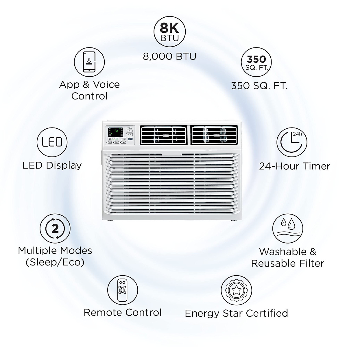 TCL 8W9ER1-A Smart App & Voice Control Window Air Conditioner, 8,000 BTU, White