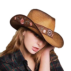 WELLATENT Cowboy Hats for Women, Brown Cowgirl Hats Classic Straw Western Hats for Women Music Festival Party Beach.