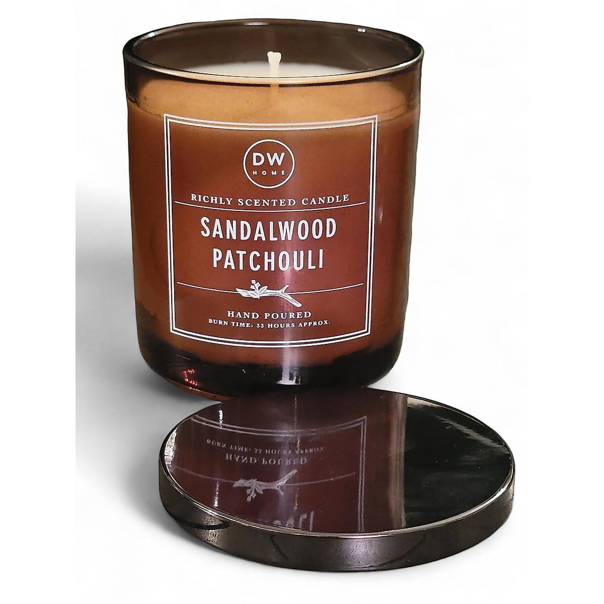 Richly Scented Hand Poured Candle, Scented Sandalwood Pathouli Candle, Single Wick, Brown Jar, Black Tin Lid